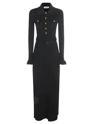 SELF-PORTRAIT Ribbed Maxi Dress With Frill Trim Cuffs And Front Button Closure - Black