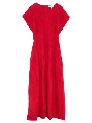 Sea Textured Midi Dress With Pleats - Red