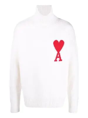 AMI Paris De Coeur Roll Neck Knitted Jumper - White