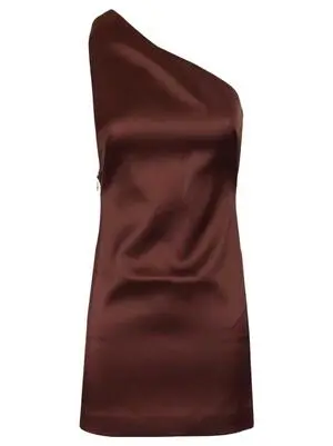 SELF-PORTRAIT Asymmetrical Satin Mini Dress - Brown