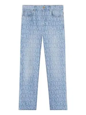 Versace Logo Print Straight Leg Jeans - Blue