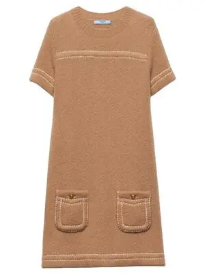 Prada Short Sleeve Crewneck Mini Dress With Pockets - Camel Brown