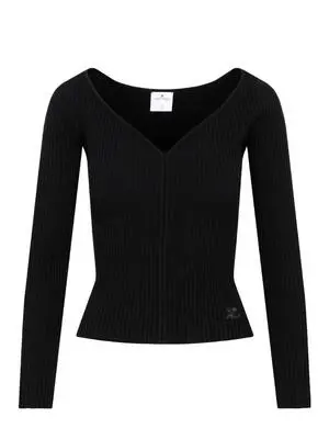 COURREGES Courrèges Long-sleeved V-neck Ribbed Pullover - Black