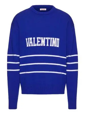 Valentino Garavani Logo Intarsia Striped Crewneck Sweater - Blue
