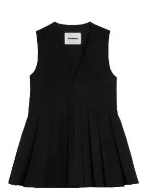 JIL SANDER Gabardine Pleated V-neck Sleeveless Top - Black
