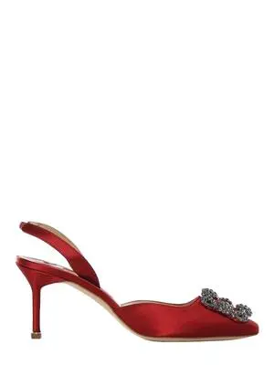 Manolo Blahnik Hangisi Slingback Satin Pumps With Crystal Buckle - Red