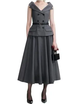 SELF-PORTRAIT Double-breasted Belted Midi Dress - Grey