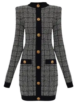 Balmain Tweed Long-sleeve Dress With Decorative Buttons - Black