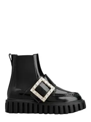ROGER VIVIER Viv' Go-thick Strass Buckle Chelsea Ankle Boots In Patent Leather - Black
