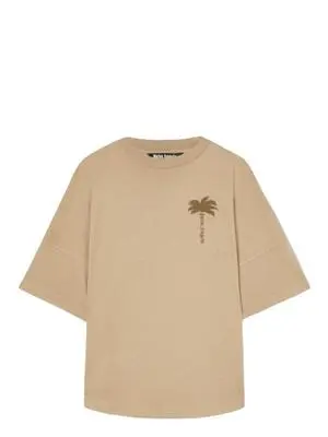 Palm Angels Logo Printed Crew Neck T-shirt - Beige