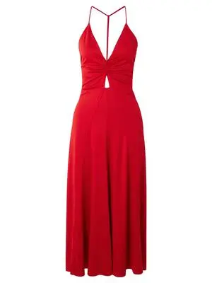 Victoria Beckham Satin Knit Plunge Neck Cutout Midi Dress - Red