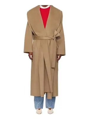 RÓHE Long Sleeve Shawl Collar Belted Coat - Camel