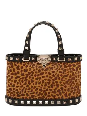 Valentino Garavani Mini Rockstud Shopping Bag In Ponyskin Effect Calfskin With Animal Print - Brown