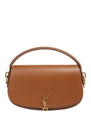 Saint Laurent Foldover Top Tote Bag With Logo Plaque - Camel