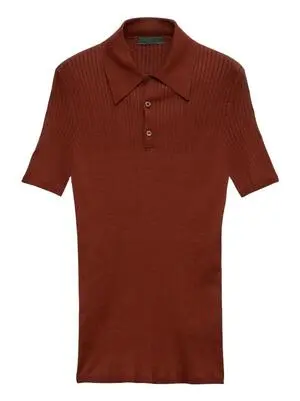 Prada Ribbed Knit Cotton Polo Shirt - Brown
