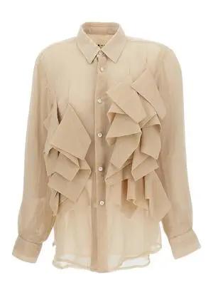 Comme Des Garçons Collared Long Sleeve Shirt With Ruffled Design - Nude