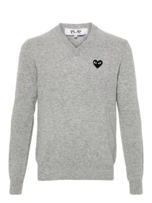 Play Comme Des Garcon V-neck Sweater With Heart Applique - Light Grey