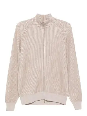 Brunello Cucinelli Ribbed High Neck Zip-up Cardigan - Beige