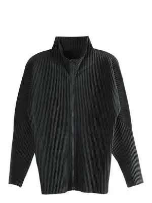 Issey Miyake Homme Plissé Pleated Stand Collar Zip-up Cardigan - Black