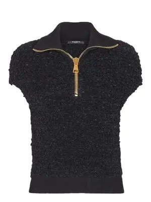 Balmain Short Sleeve Zip Collar Textured Top - Black