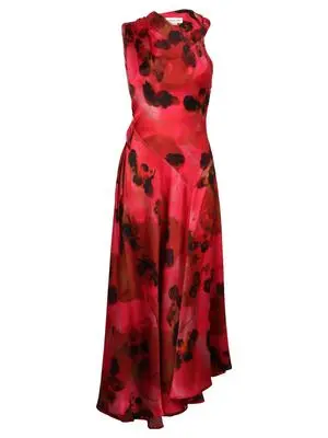 Victoria Beckham Asymmetric Hem Floral-printed Satin Midi Dress - Red