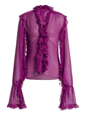 Alberta Ferretti Silk Creponne Ruffle Blouse - Purple