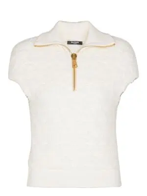 Balmain Textured Knit Zip Collar Top - White
