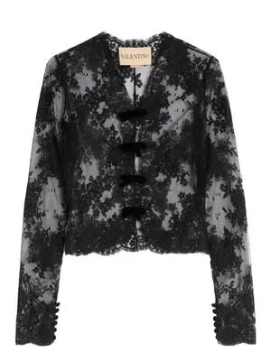 VALENTINO Valentino Black Lace Long Sleeve V-Neck Top With Bow Detail