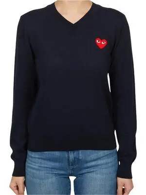 Play Comme Des Garcon Long Sleeve V-neck Sweater - Navy Blue