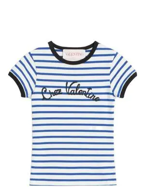 Valentino Garavani Striped Crewneck T-shirt With Embroidered Logo - Blue