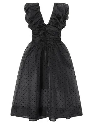 GANNI Organza Ruched Polka Dot Midi Dress - Black