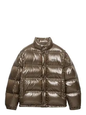 Prada Logo Plaque High Neck Puffer Jacket - Camouflage Green