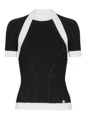 Balmain Short-sleeved Ribbed Knit Top - Black