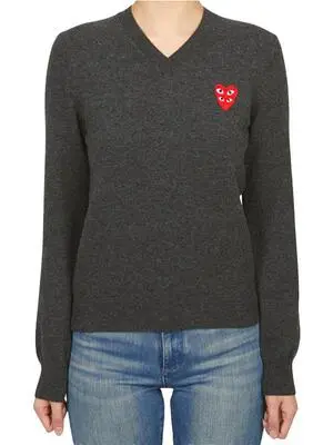 Comme Des Garçons V-neck Long-sleeved Sweater With Embroidered Heart - Black