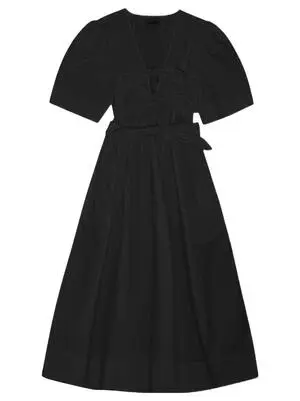 GANNI Deep V-neck Flared Dress With Pleated Details And Belted Waist - Black