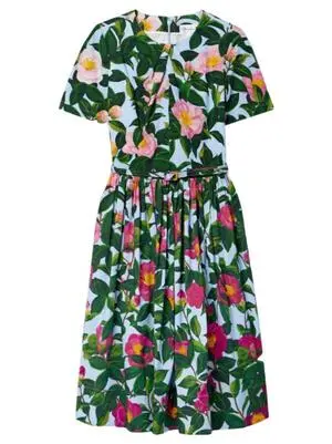 Oscar De La Renta Belted Floral Print Cotton-blend Poplin Dress - Green