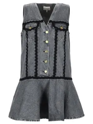 GANNI Sleeveless V-neck Denim Dress With Button Closure - Gray