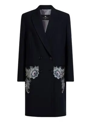 Etro Double Breasted Embroidered Coat - Blue