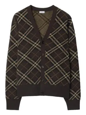 Burberry Checked V-neck Knitted Cardigan - Truffle Brown
