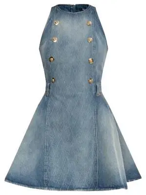 Balmain Sleeveless Denim Mini Dress With Contrast Stitching - Blue