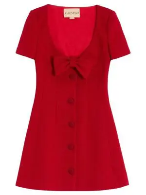 Valentino Garavani Short Dress In Wool Tweed With Bow And Button Detail - Red