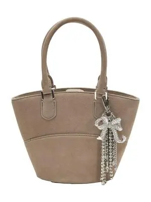 SELF-PORTRAIT Suede Bucket Bag With Charm Detail - Grey