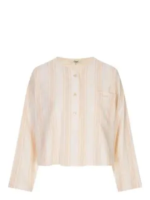 Chloé Long Sleeve Cropped Striped Shirt With Patch Pockets - Nude