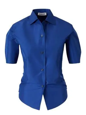 JIL SANDER Short-sleeved Collared Shirt With Slit Hem - Blue