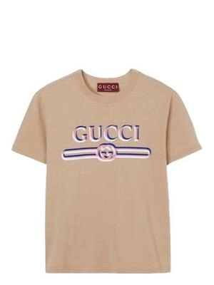 Gucci Gucci Logo Print Cotton T-Shirt Camel