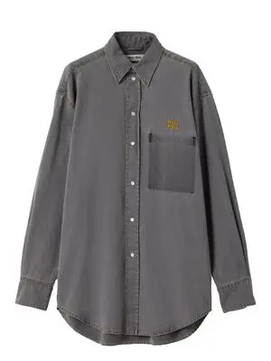 Miu Miu Chambray Shirt With Embroidered Logo - Grey