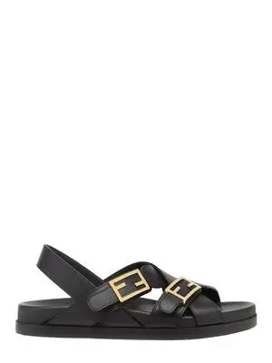 Fendi Ff Baguette Cross-over Slides - Black