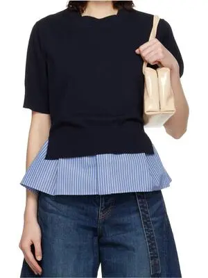 Sacai Short-sleeved Patchwork Knitwear With Striped Layer - Black