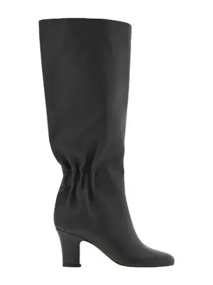 FERRAGAMO Knee High Ruched Leather Boots With Gancini Detail - Black