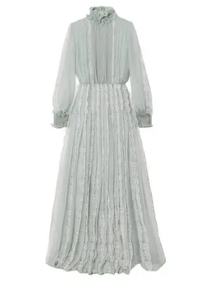Valentino Garavani Ruffled Lace-trimmed Pleated Silk-chiffon Gown - Light Blue